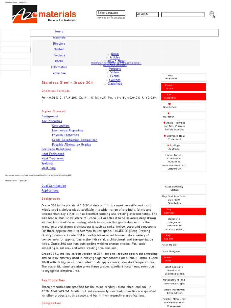 Stainless Steel - Grade 304 | PDF | Stainless Steel | Steel