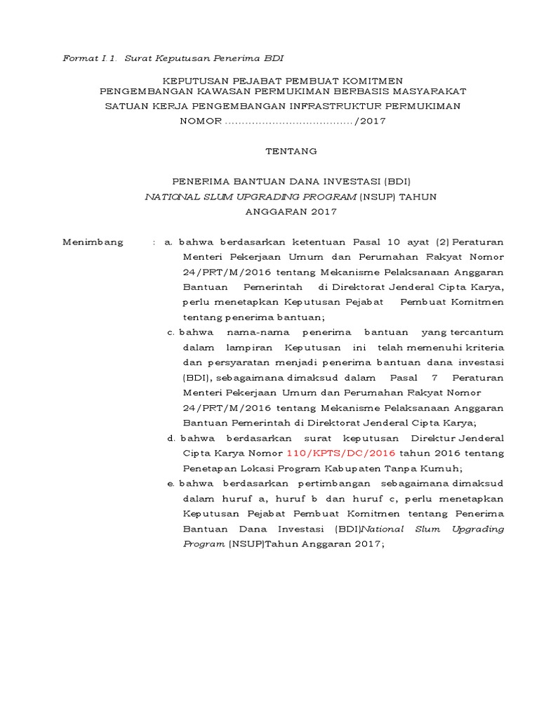 Format I.1. Surat Keputusan Penerima BDI: 110/KPTS/DC/2016 | PDF | Bisnis | Hukum