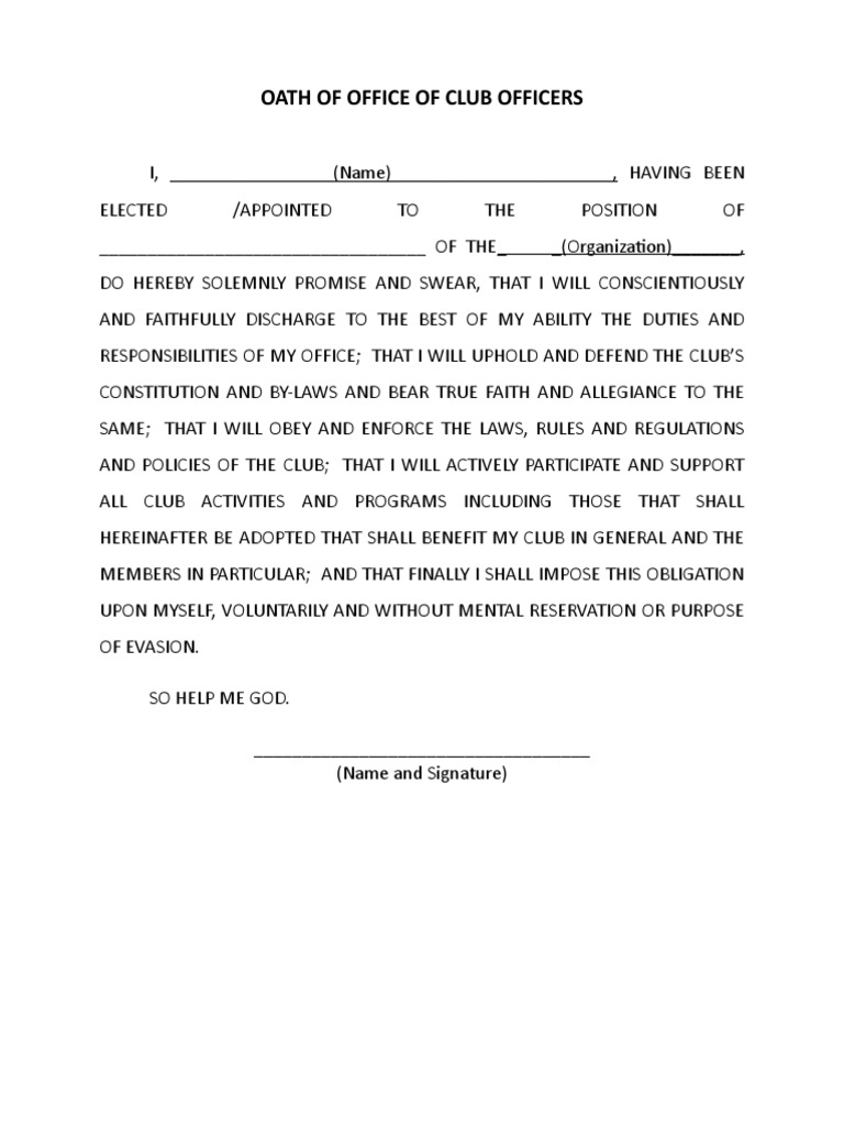 Oath of Office of Club Officers | PDF | Sports & Recreation | Law