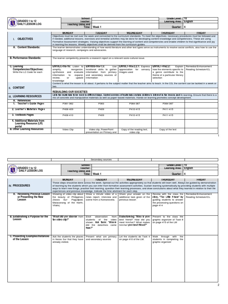 Grade 10 English DLL Q4 | PDF | Teachers | Curriculum
