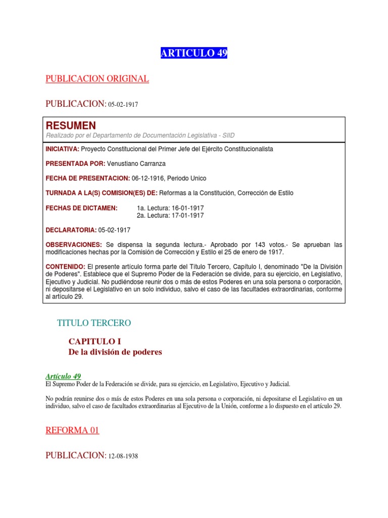 Artículo 49: División de Poderes en México | PDF | Separación de ...