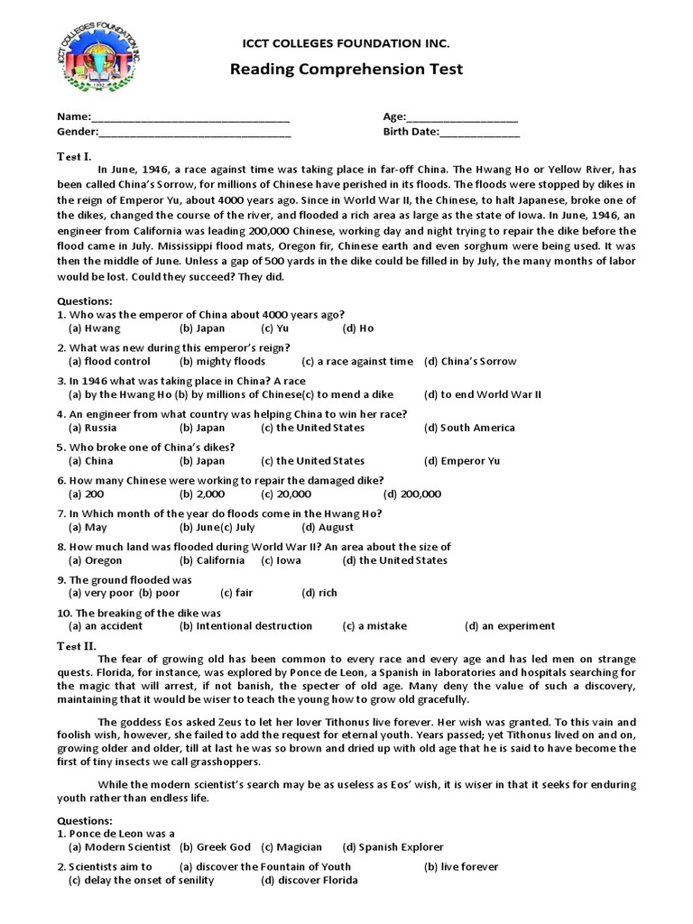 Reading Comprehension Test PDF