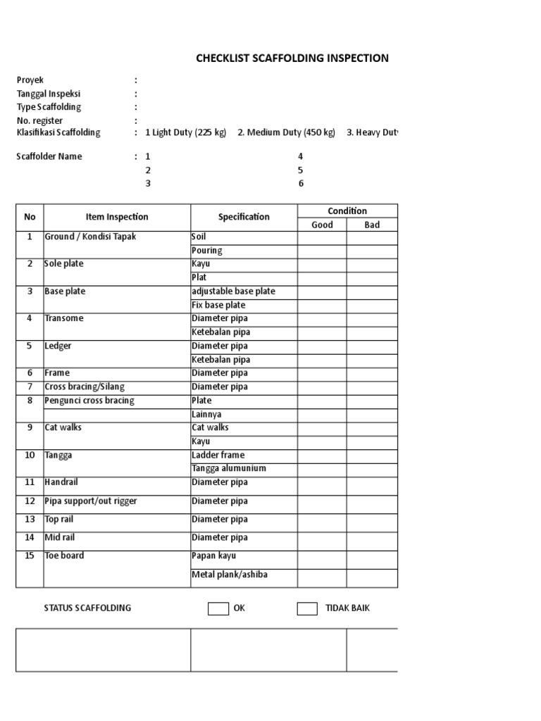Checklist Scaffolding Inspection: No Item Inspection Specification ...
