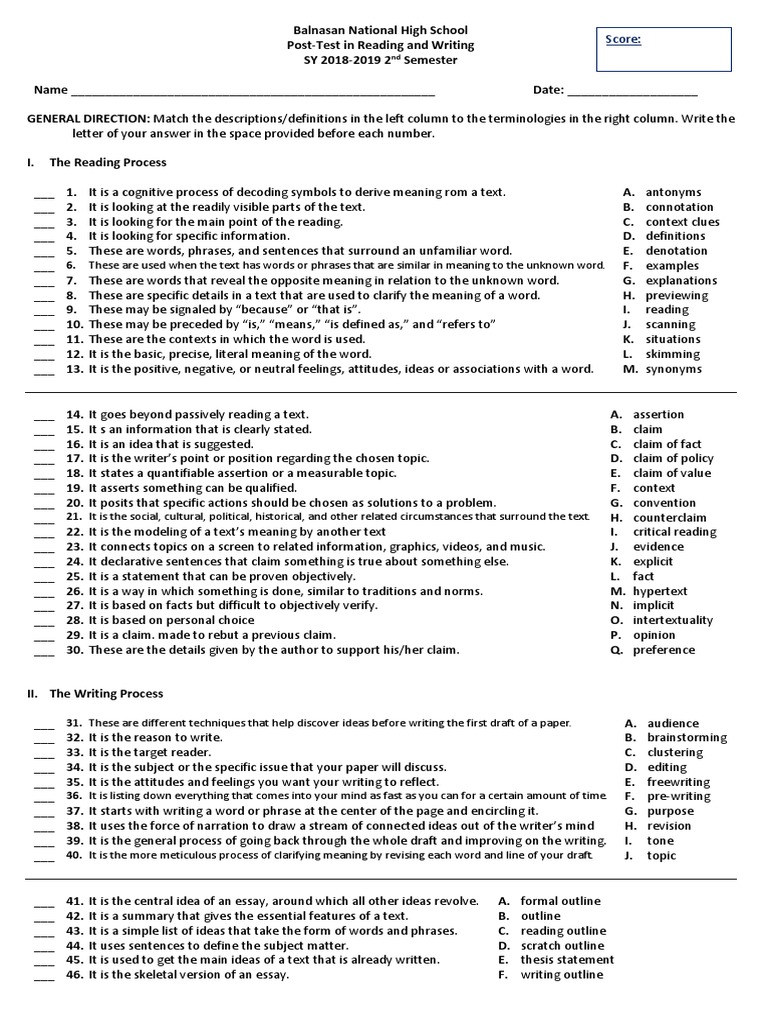 Post-Test: Reading and Writing Skills | PDF | Causality | Essays