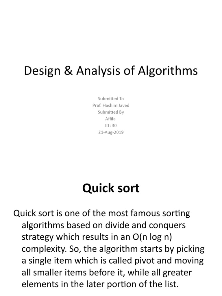 Design & Analysis of Algorithms: Submitted To Prof. Hashim Javed ...