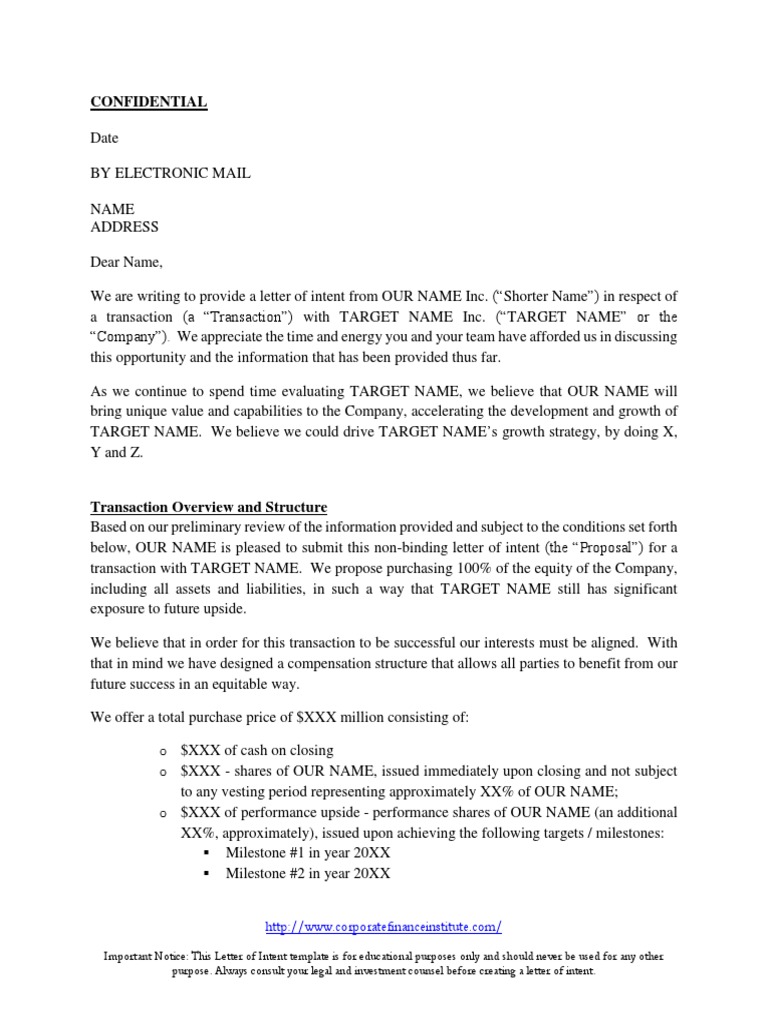 Letter of Intent Template | PDF | Due Diligence | Confidentiality