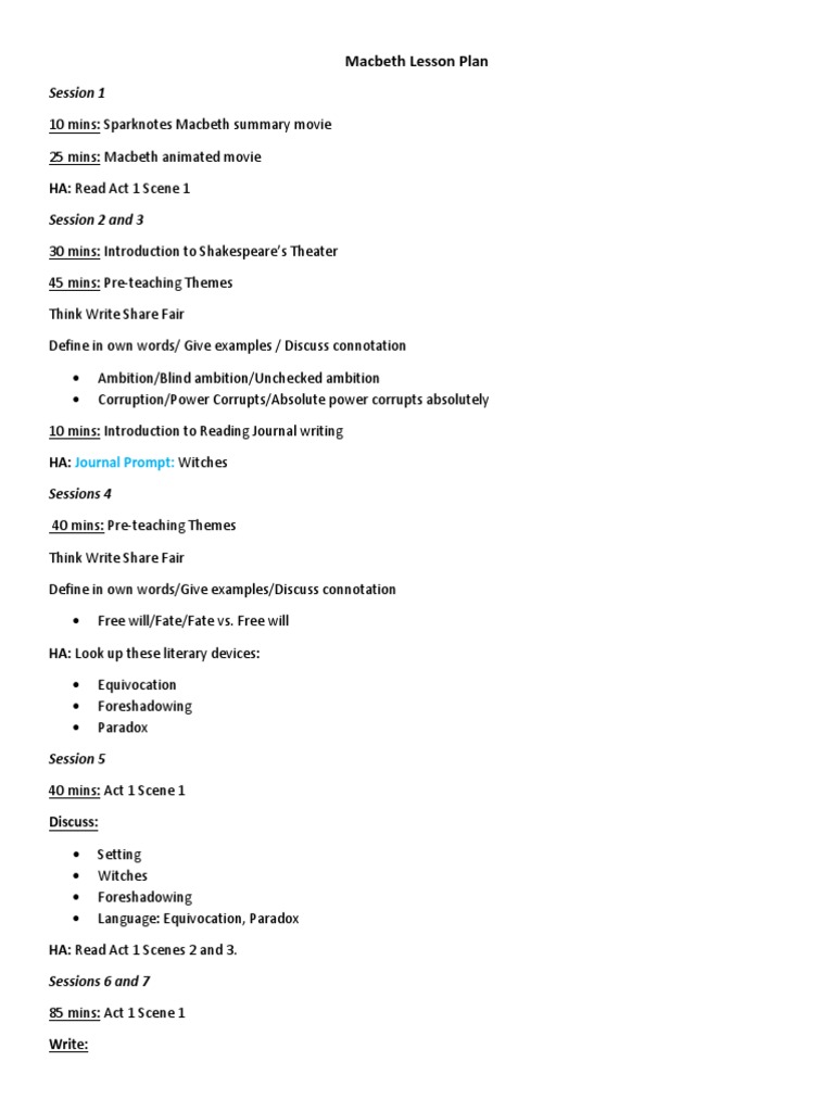Macbeth Lesson Plan | PDF | Macbeth | Shakespearean Tragedies