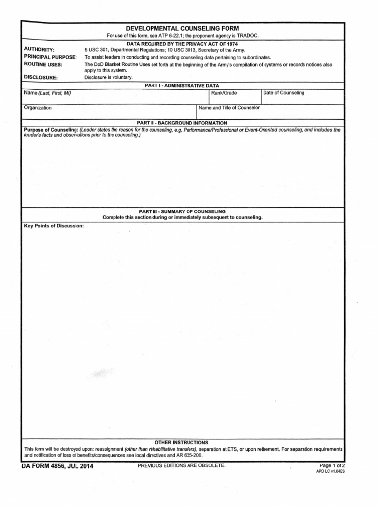 DA FORM 4856, JUL 2014: Previous Editions Are Obsolete | PDF | Privacy ...