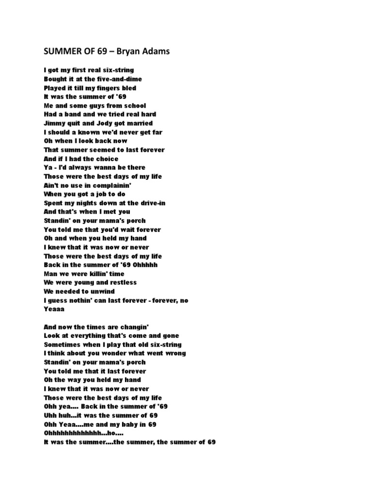 SUMMER OF 69 - Bryan Adams | PDF