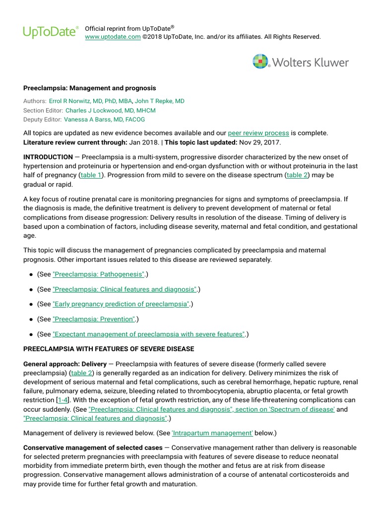 Preeclampsia - Management and Prognosis - UpToDate | PDF | Hypertension ...