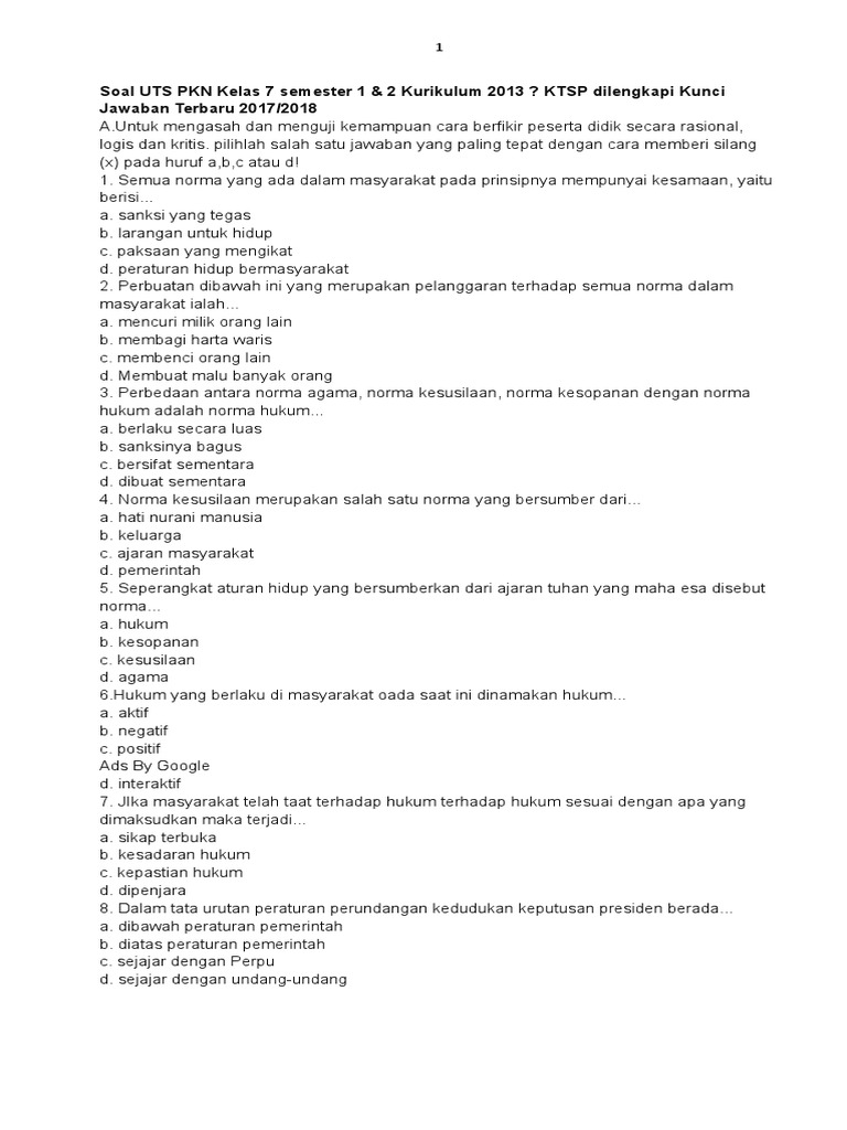Soal Uts PPKN PKN Kelas 7 SMP Semester 1 | PDF | Ilmu Sosial