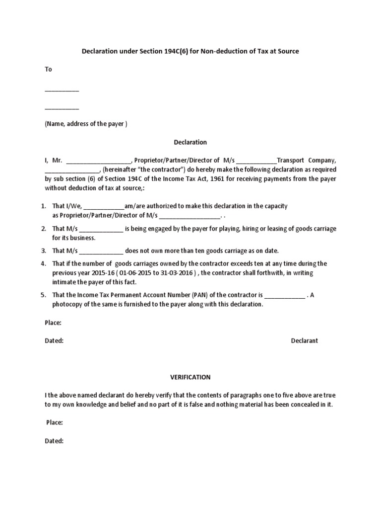 Declaration of Eligibility for Non-Deduction of Tax at Source by ...