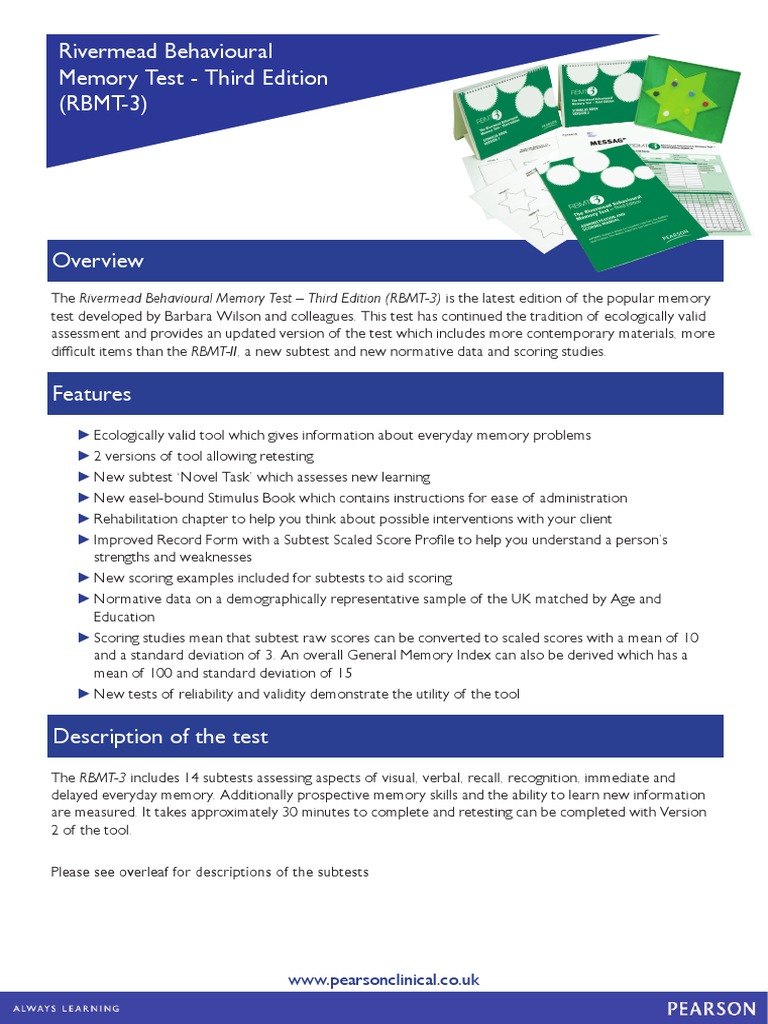 Rivermead Behavioural Memory Test - Third Edition (RBMT-3) Guide | PDF ...