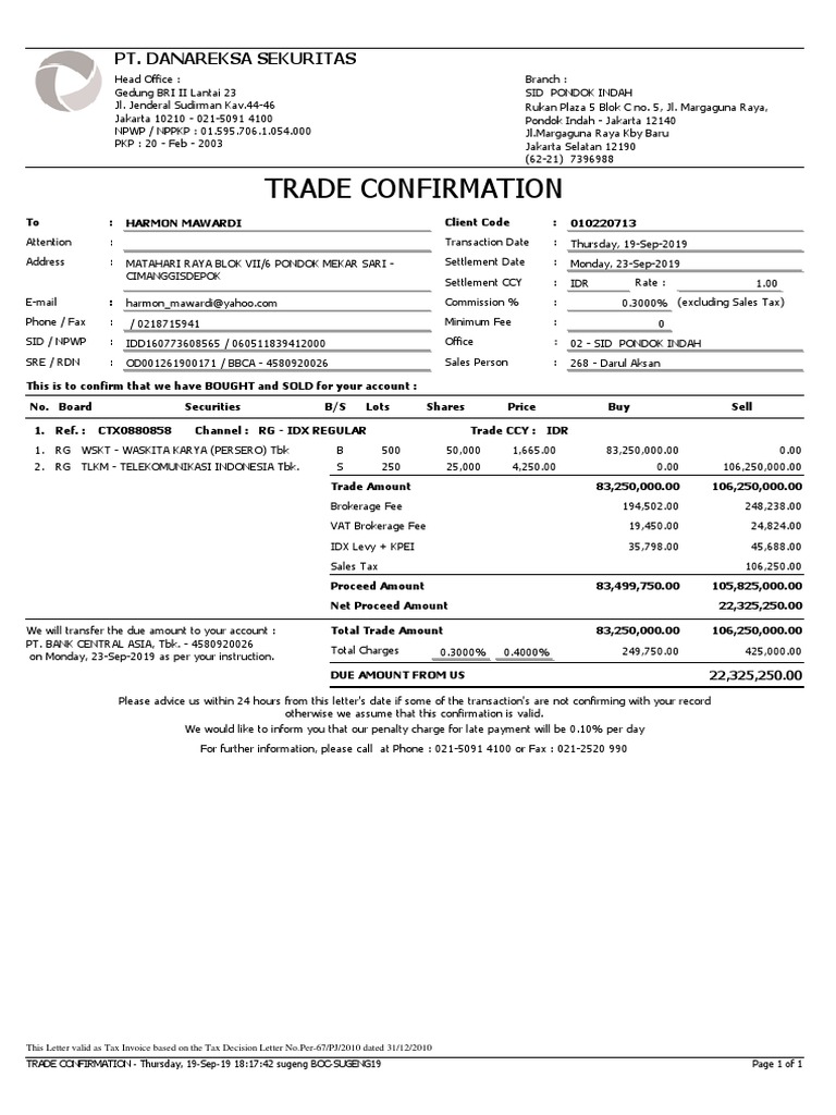 06 Trade Confirmation 010220713 Harmon Mawardi 20190919 | PDF ...