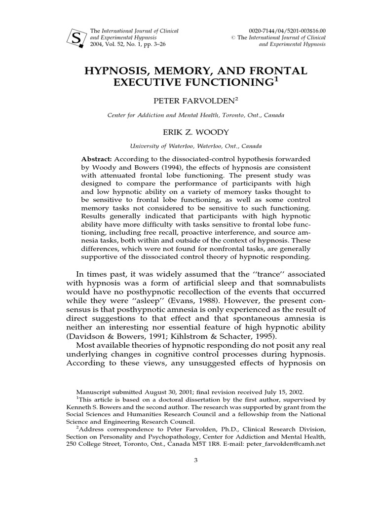 Hypnosis, Memory, and Frontal Executive Functioning | PDF | Recall ...