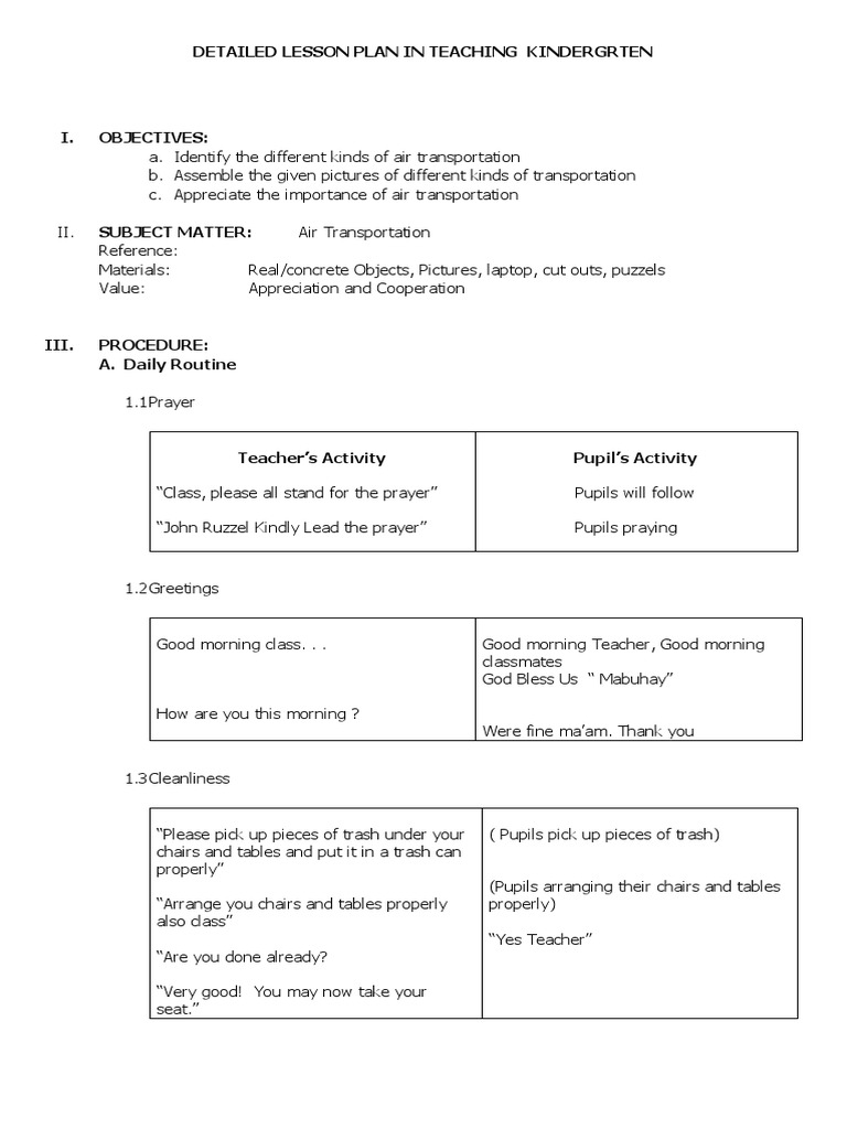 Detailed Lesson Plan in Teaching Kindergrten | PDF | Aircraft | Transport