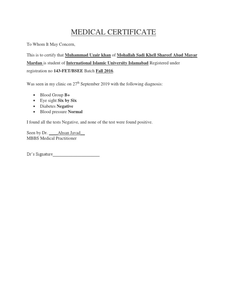 Medical Certificate | PDF | Wellness