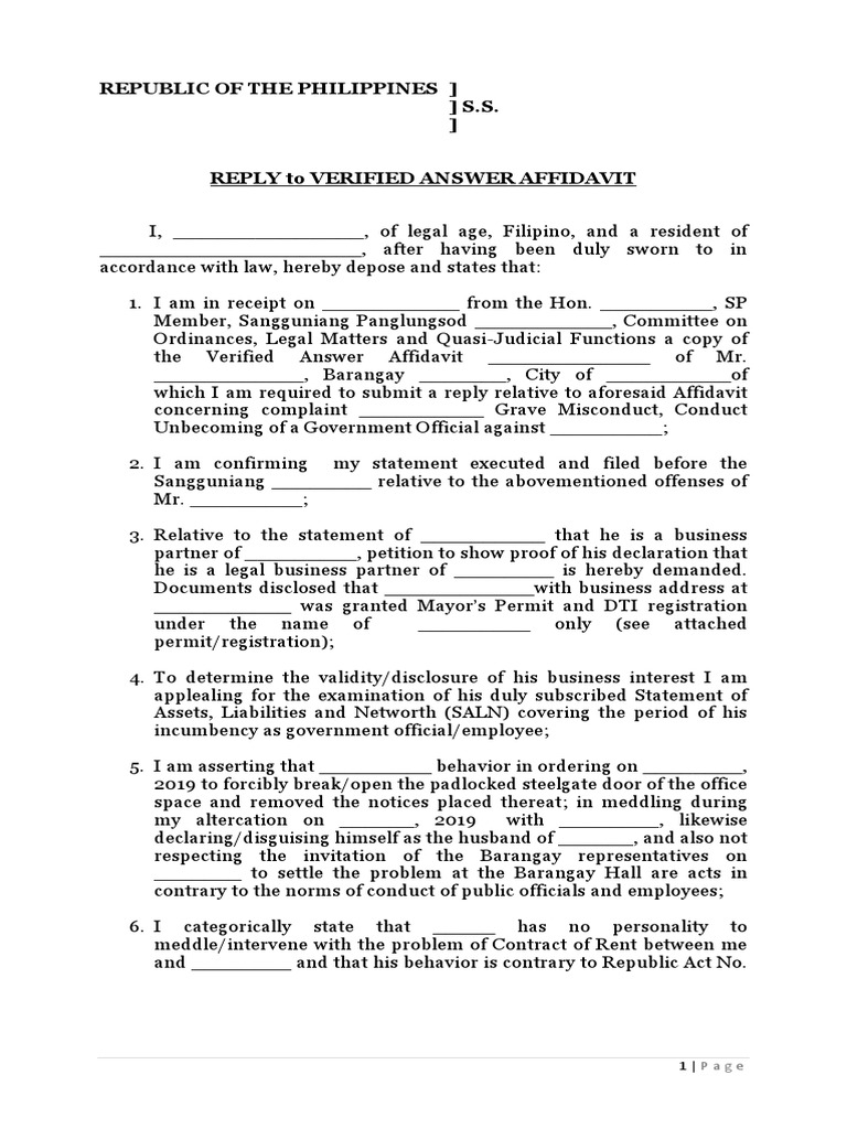 Format - Verified Reply Affidavit To Sangguniang Panglungsod | PDF ...