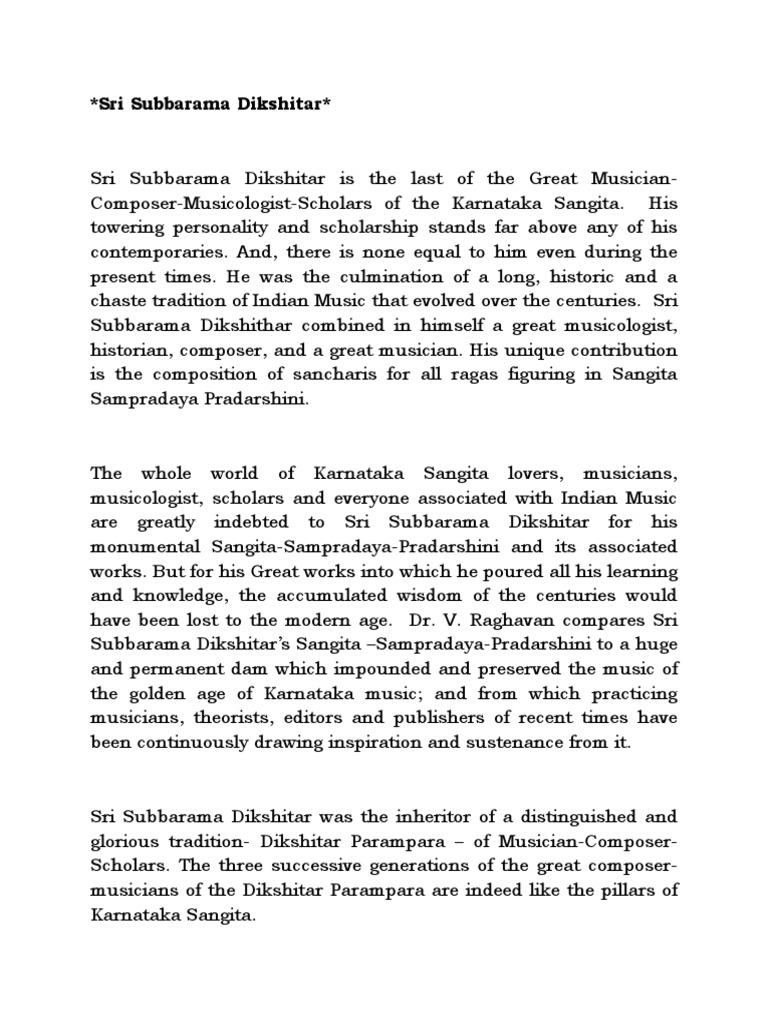 Sri Subbarama Dikshitar: Karnataka Music Legacy | PDF | Entertainment ...