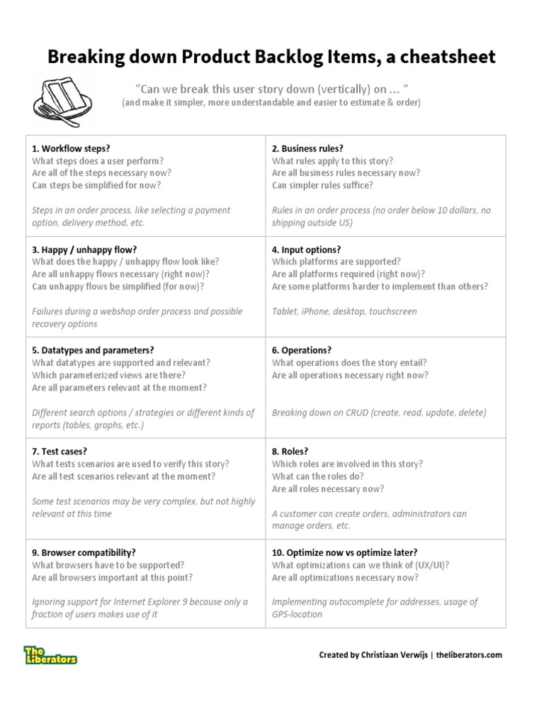 Cheatsheet - 10 Strategies To Break Product Backlog Items | PDF | Computing | Software