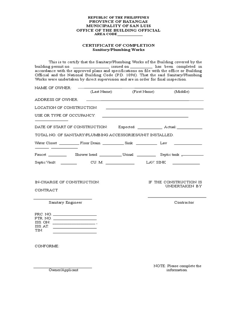 Cert. of Completion Sanitary | PDF