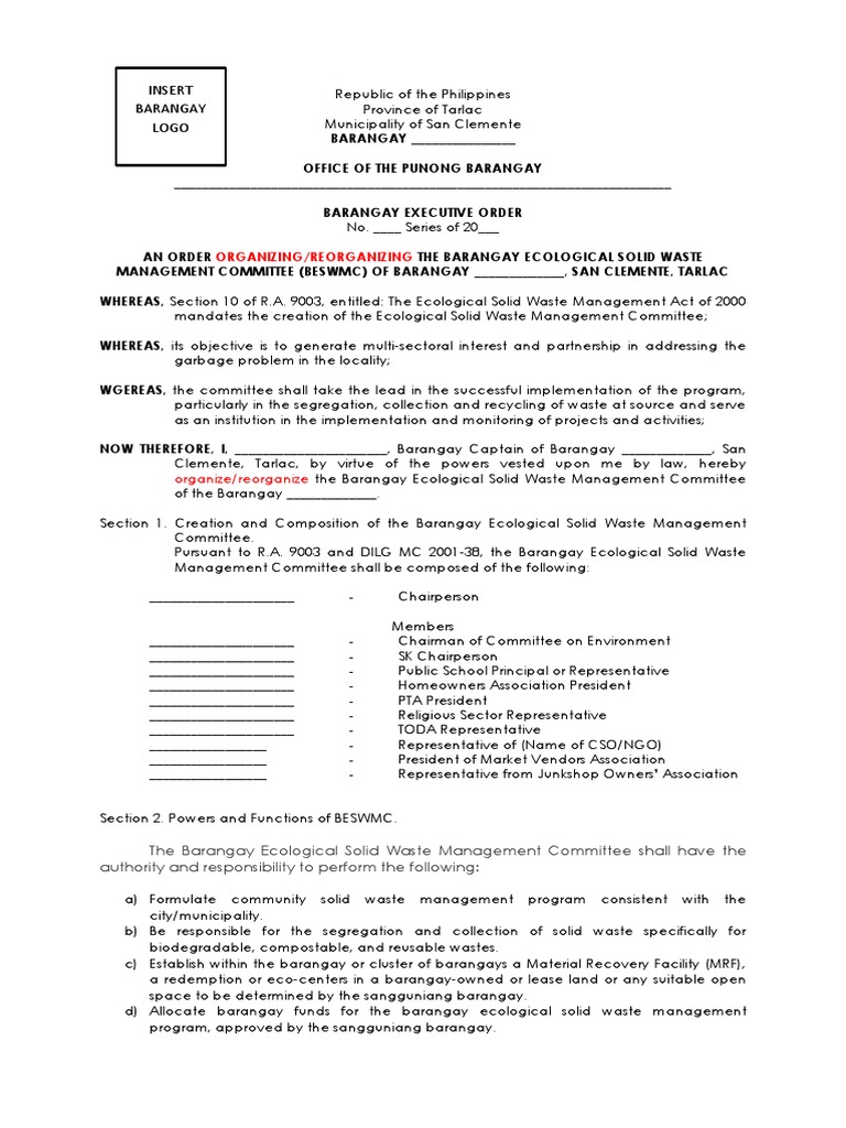 Barangay Solid Waste Management Order | PDF | Waste Management ...