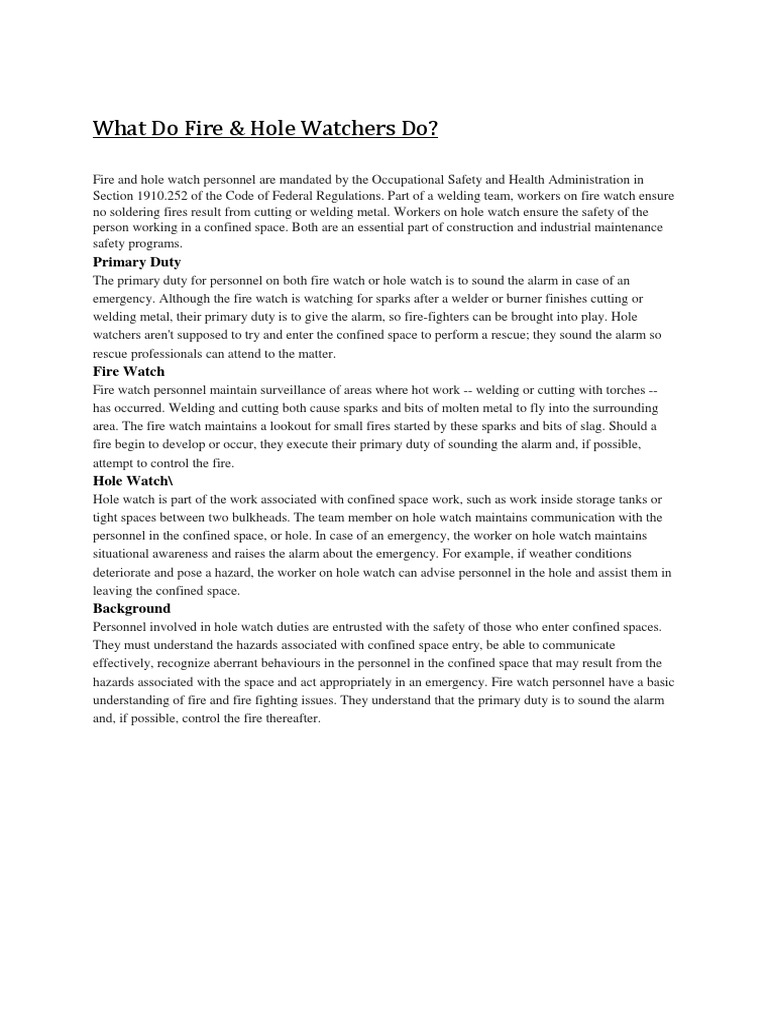 What Do Fire & Hole Watchers Do?: Primary Duty | PDF | Public Safety ...