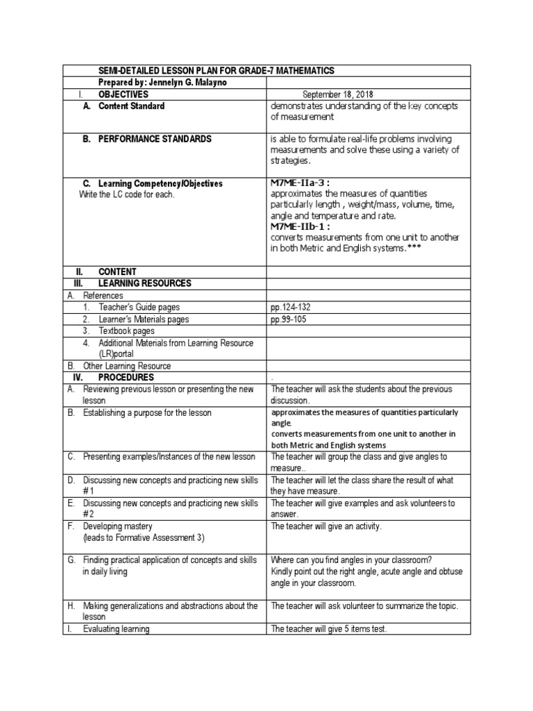 Semi-Detailed Lesson Plan For Grade-7 Mathematics Prepared By: Jennelyn ...