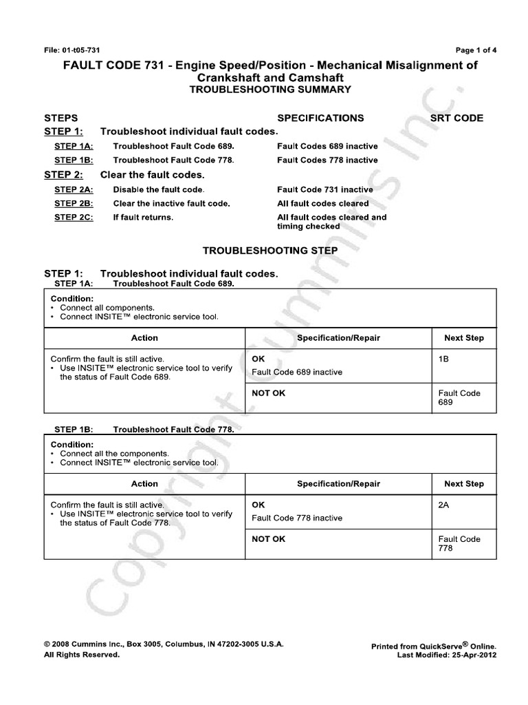FAULT CODE 731 Engine SpeedPosition Mechanical Misalignment of ...