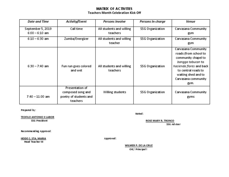 Teachers Month Celebration Activities Matrix | PDF