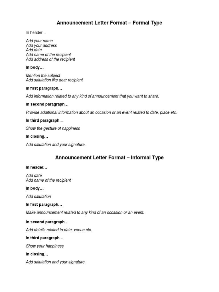 Announcement Letter Format - Formal Type: in Header | PDF