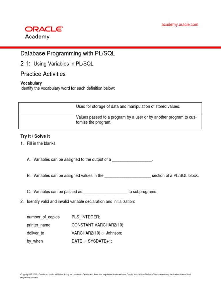 Database Programming With PL/SQL 2-1: Practice Activities | PDF | Oracle Database | Pl/Sql