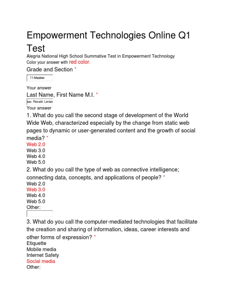 Empowerment Technologies Online Q1 Test | PDF | Social Networking ...