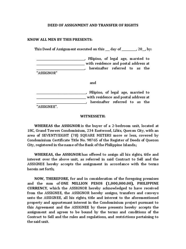 Deed of Assignment and Transfer of Rights | PDF | Assignment (Law) | Deed