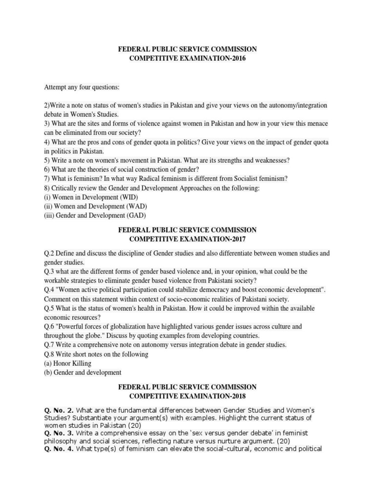 Gender Studies CSS Past Papers 2016-19 | PDF | Gender And Development ...