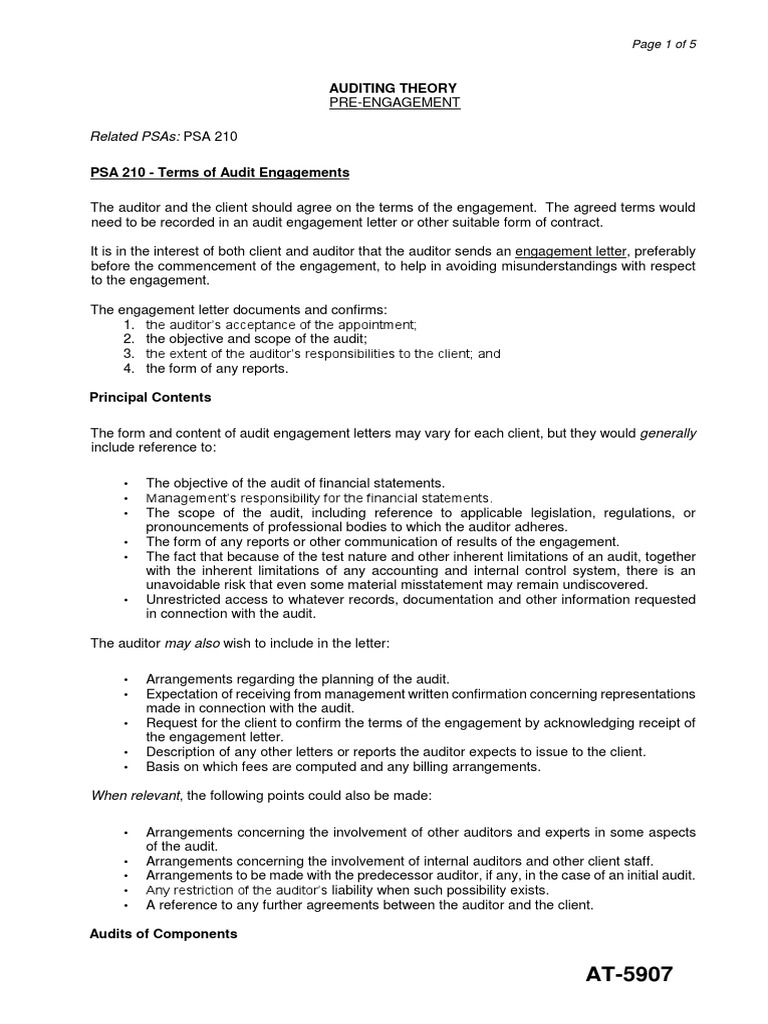 At 5907 Pre Engagement | PDF | Auditor's Report | Audit