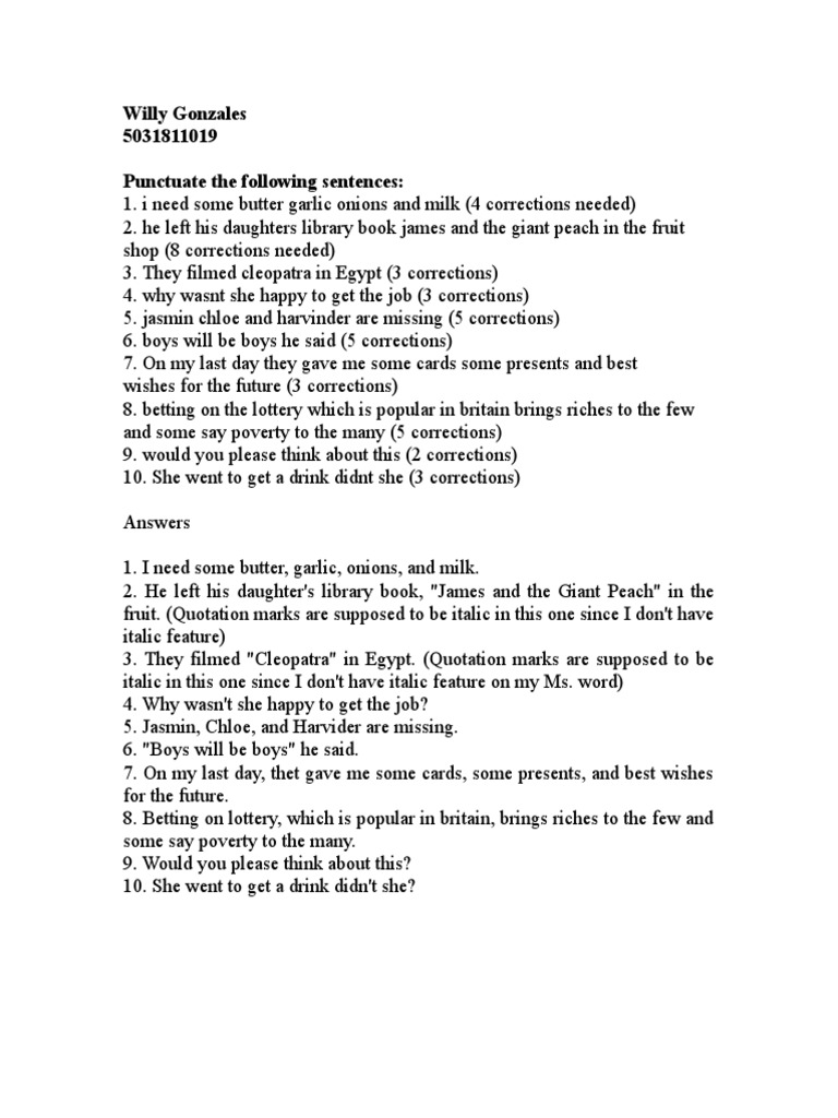 Willy Gonzales 5031811019 Punctuate The Following Sentences | PDF
