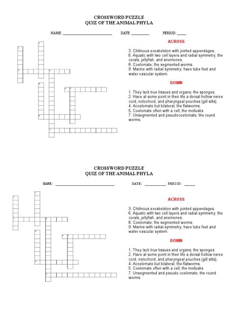 Crossword Puzzle Quiz of The Animal Phyla: NAME: - DATE: - PERIOD | PDF ...