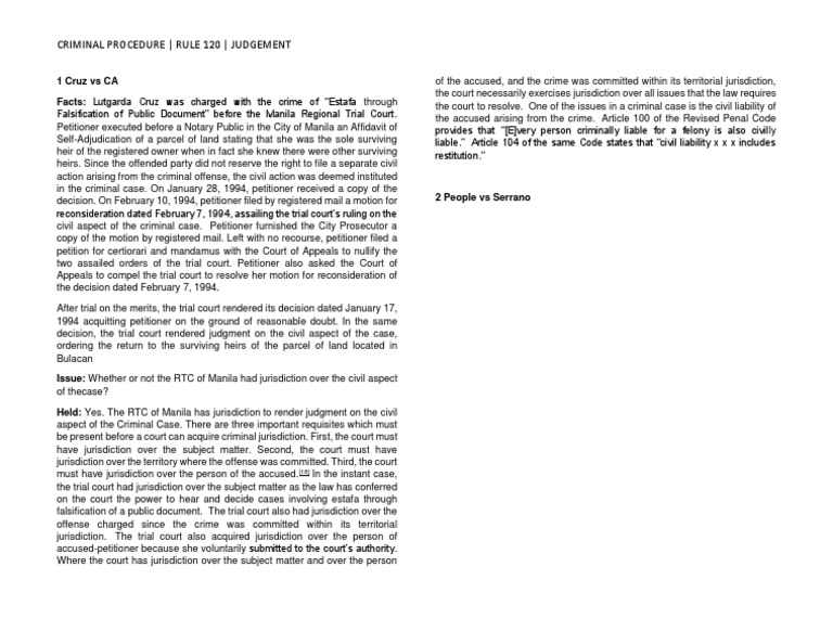 Criminal Procedure - Rule 120 - Judgement: 1 Cruz Vs CA Facts | PDF ...