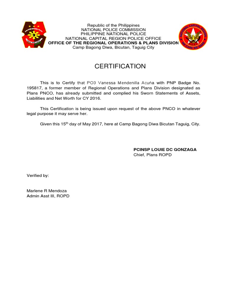 PNP certification of asset declaration | PDF