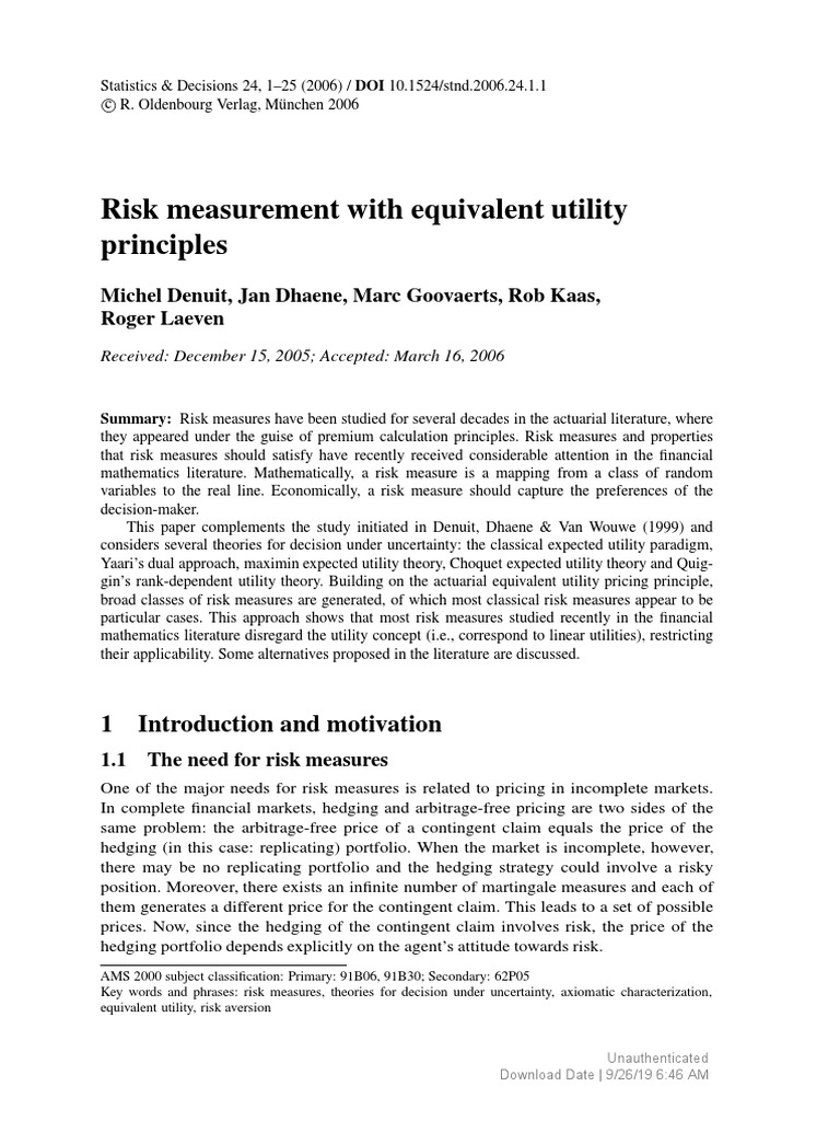 Risk Measurement Through the Lens of Utility Theory: Generating Risk ...
