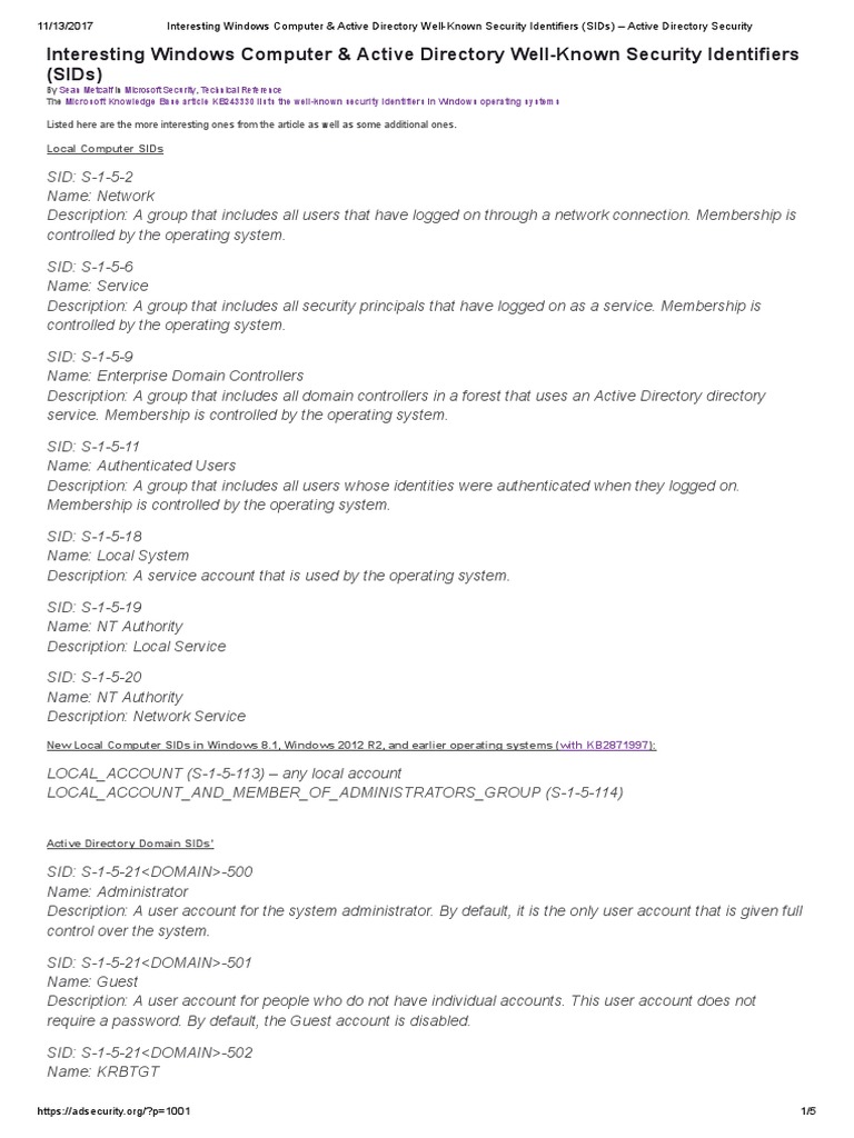 Interesting Windows Computer & Active Directory Well-Known Security Identifiers (Sids) | PDF ...
