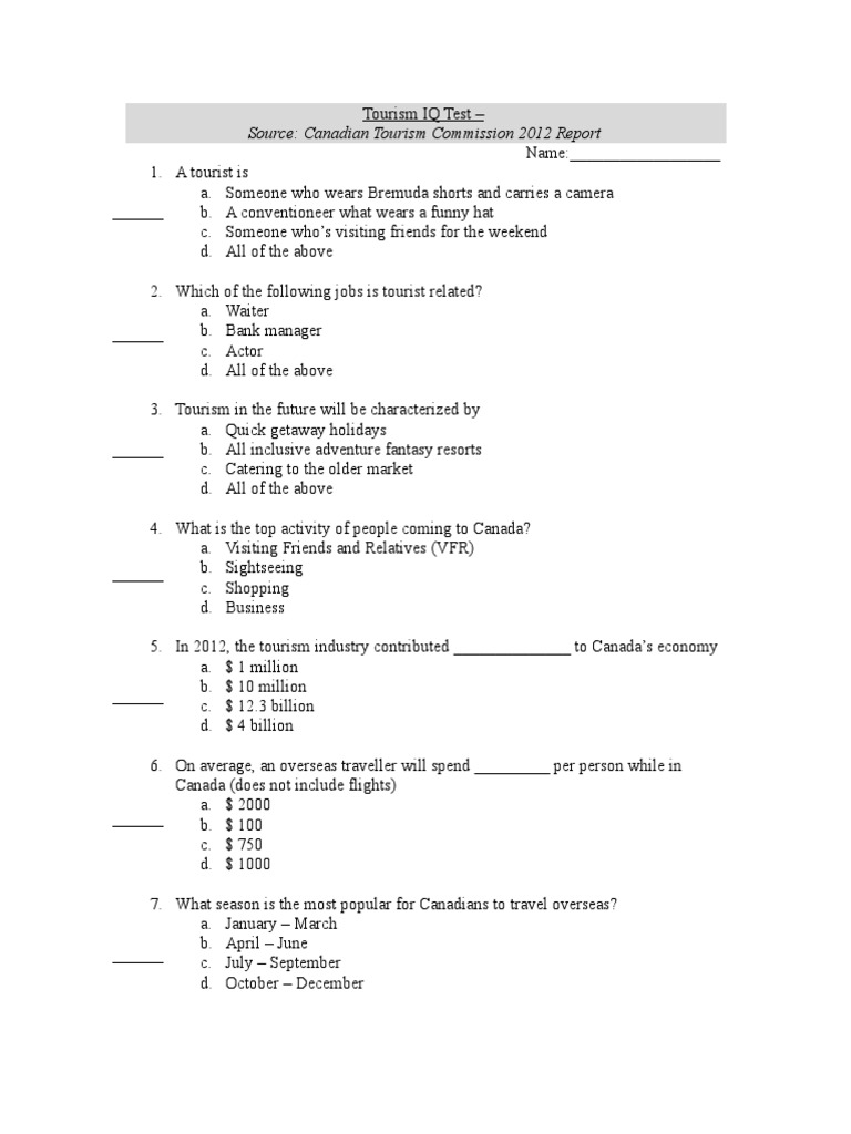 Tourism Iq Test Student | PDF | Canada | Tourism