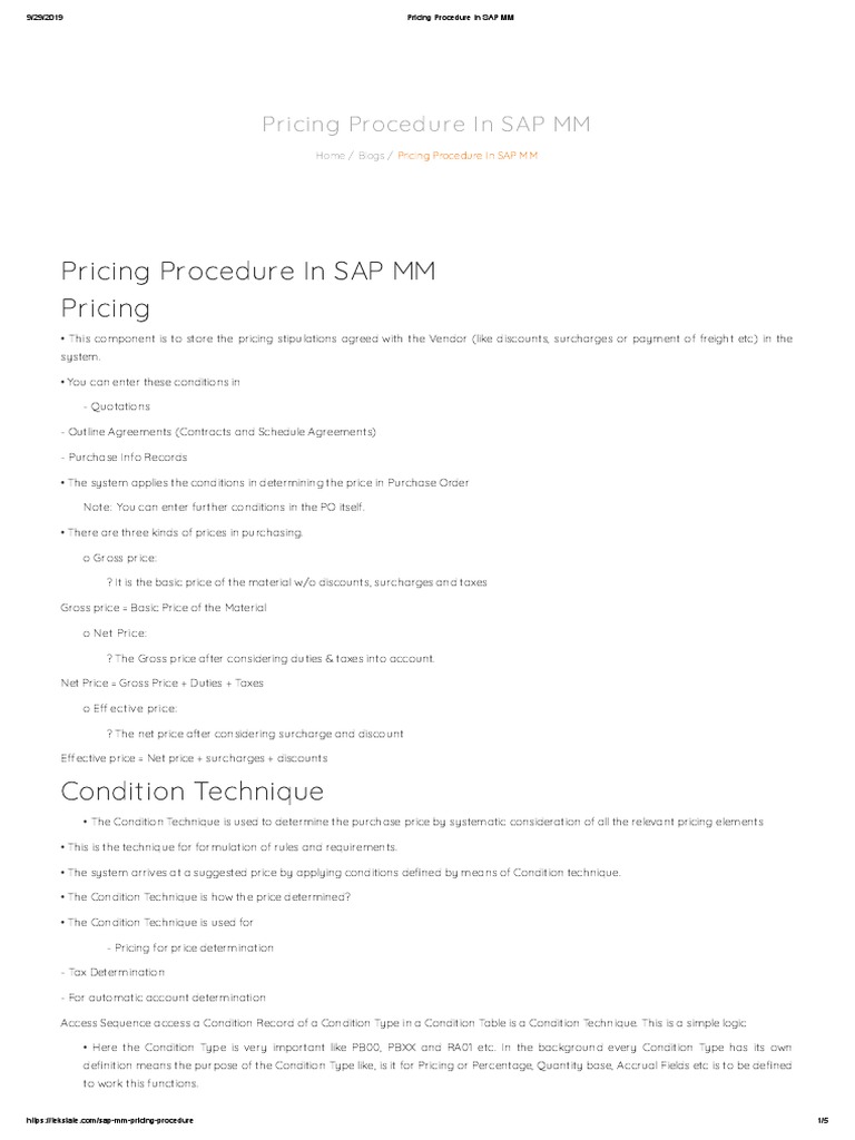 Pricing Procedure In SAP MM PDF Pricing Prices