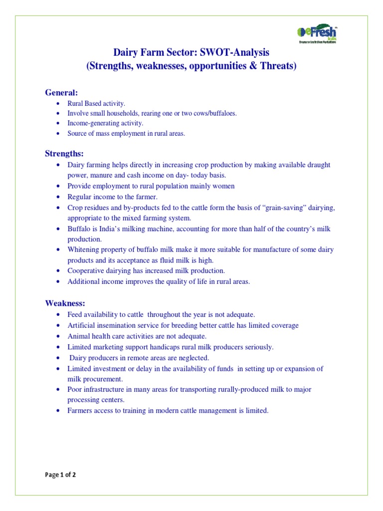 Dairy Farm Sector: SWOT-Analysis (Strengths, weaknesses, opportunities ...
