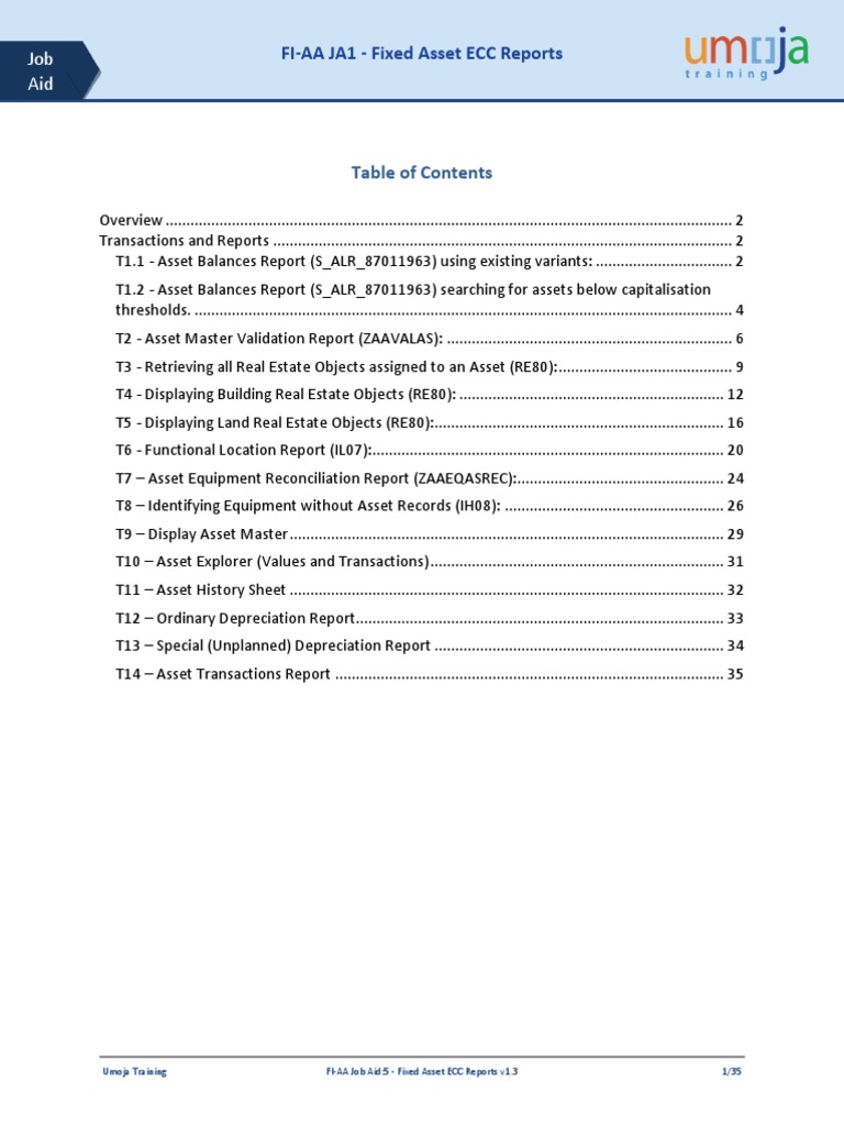 Umoja - Job Aid - 1 Fixed Asset ECC Reports v1.3 PDF | PDF | Error ...