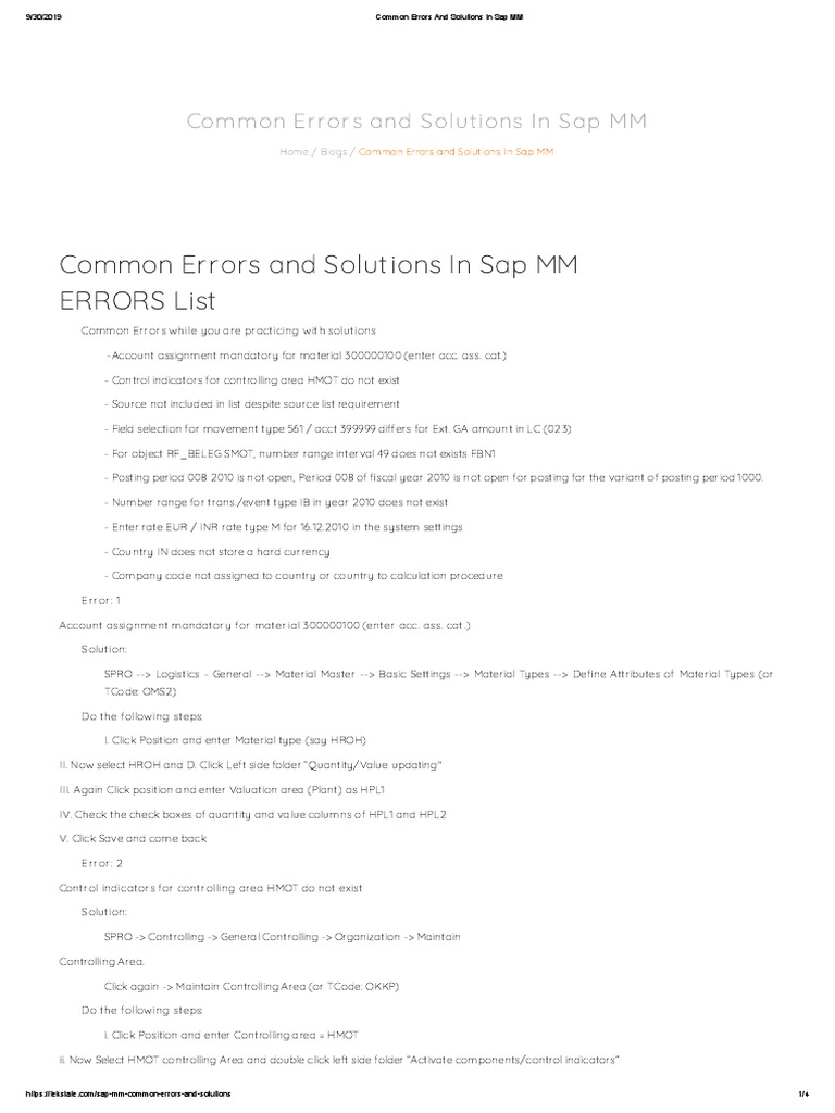 Common Errors and Solutions in Sap MM | PDF | Computing | Business