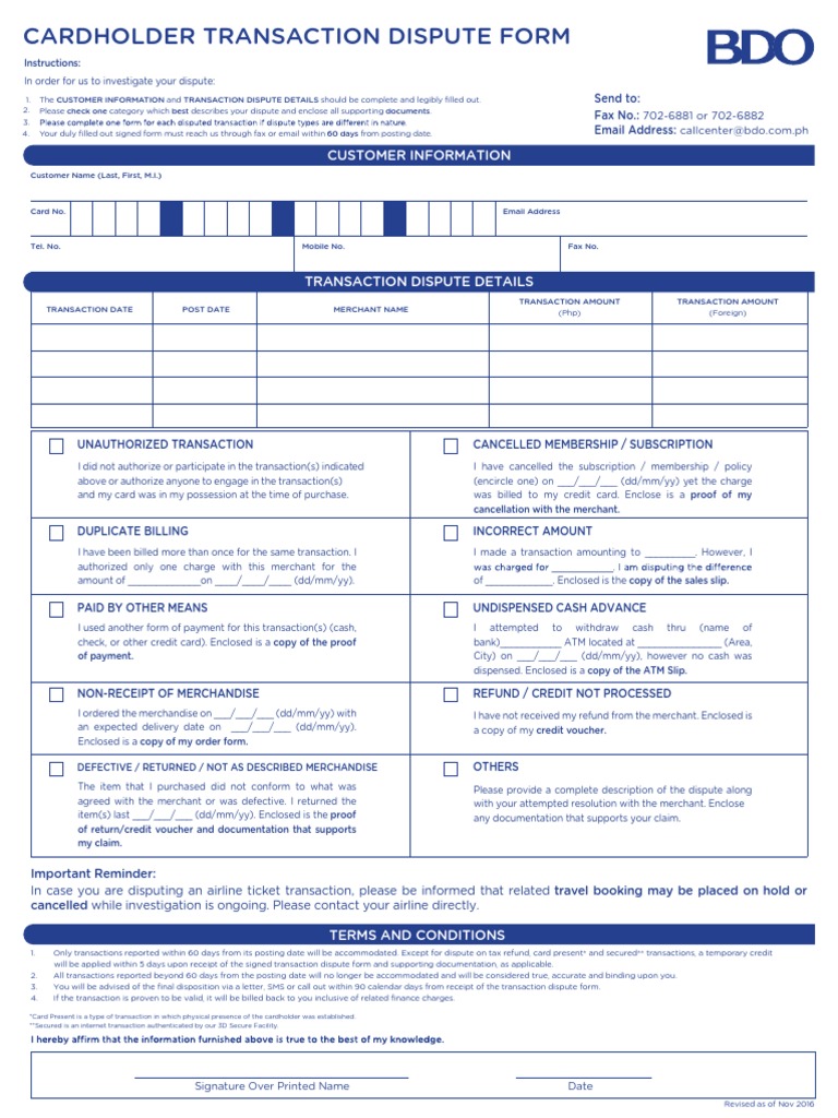 Cardholder Transaction Dispute Form | PDF | Credit Card | Financial ...