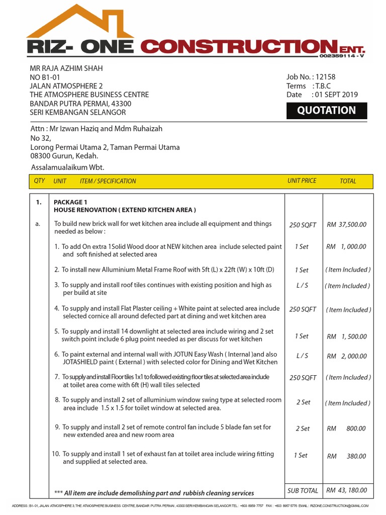 Quotation: QTY Unit Item / Specification Unit Price Total | PDF ...