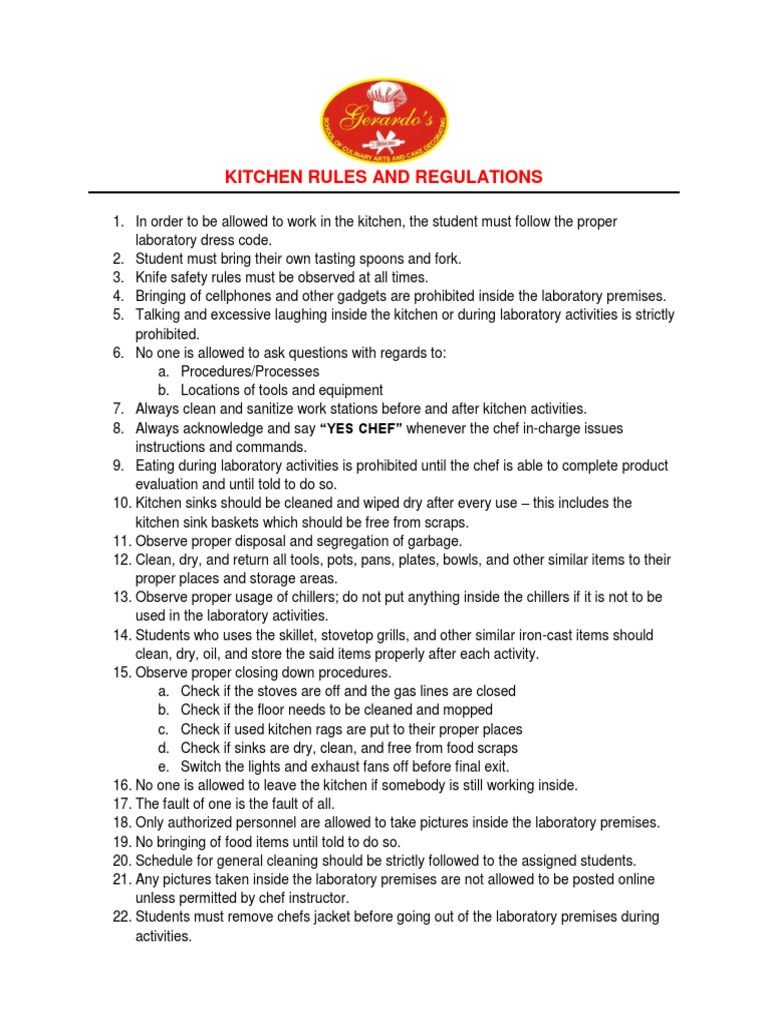 Kitchen Rules and Regulations: "YES CHEF" Whenever The Chef In-Charge ...